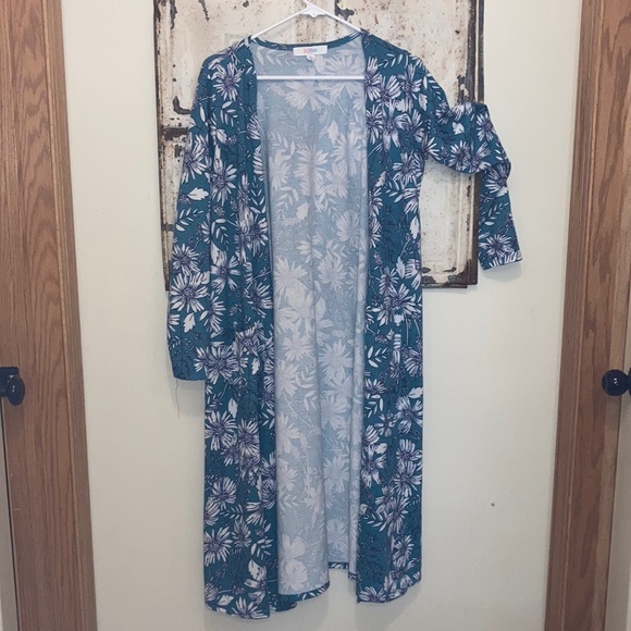 LuLaRoe | Sweaters | Lularoe Sara Duster Medium Teal White Navy Flowers ...